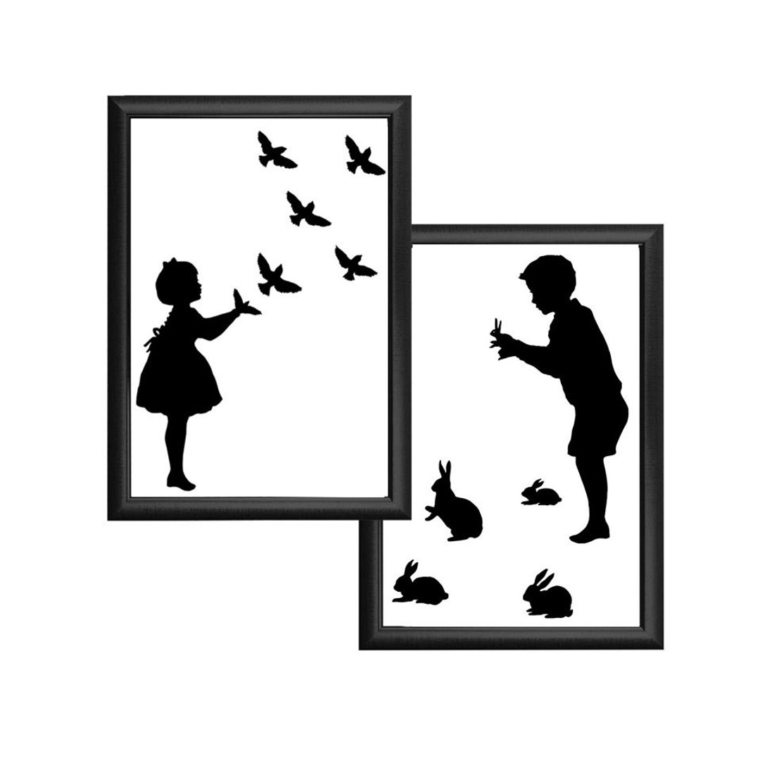 Rabbit Bird Shadow Puppet Silhouette Print Set Black and White Rabbits ...