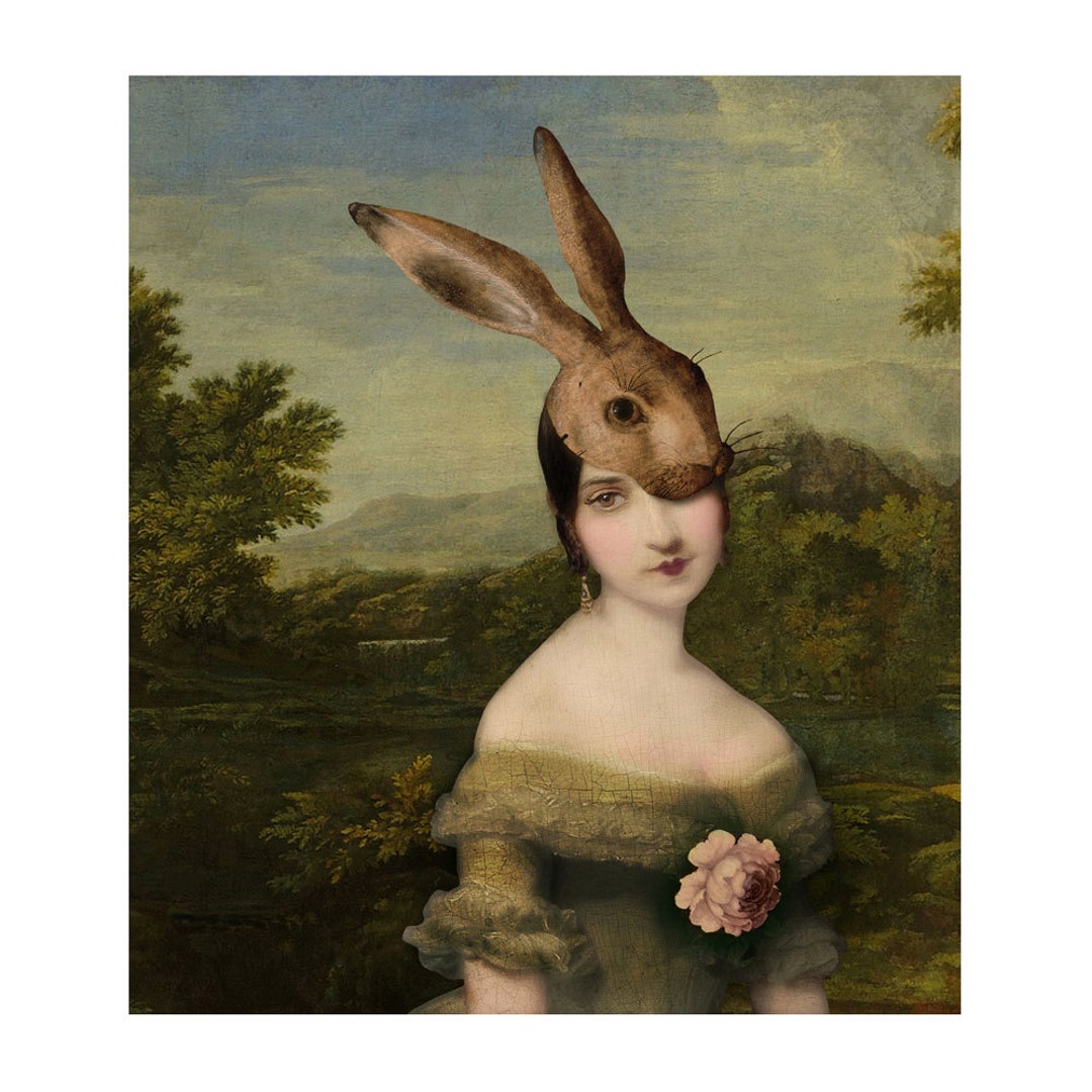 Rabbit Mask Print Art Green Brown Surreal Home Decor Bunny Hare - Etsy
