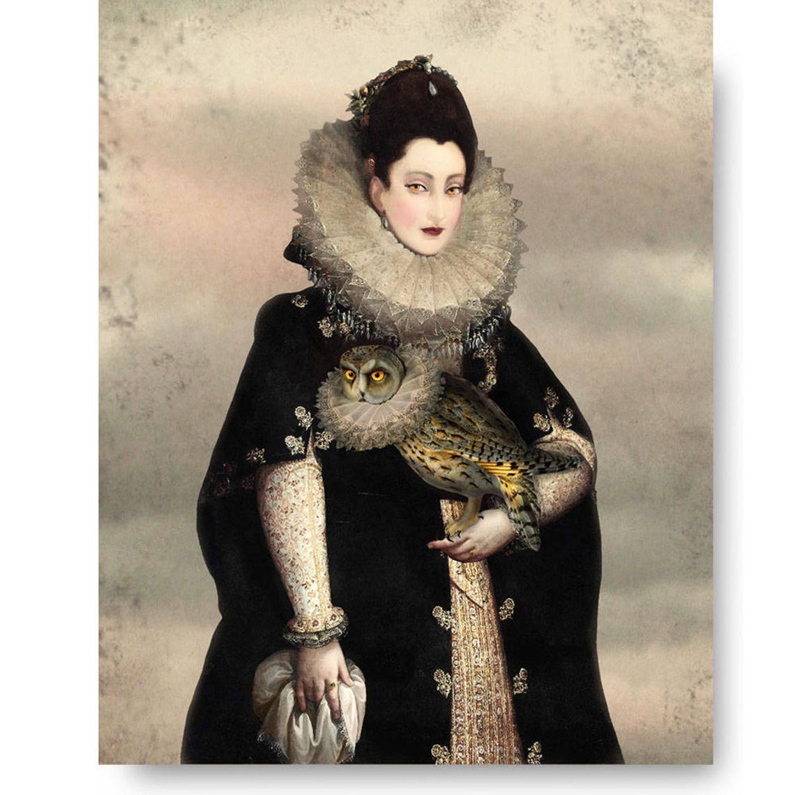 Owl Portrait Lady Elizabethan Collar Print Art Black Grey Surreal Home ...