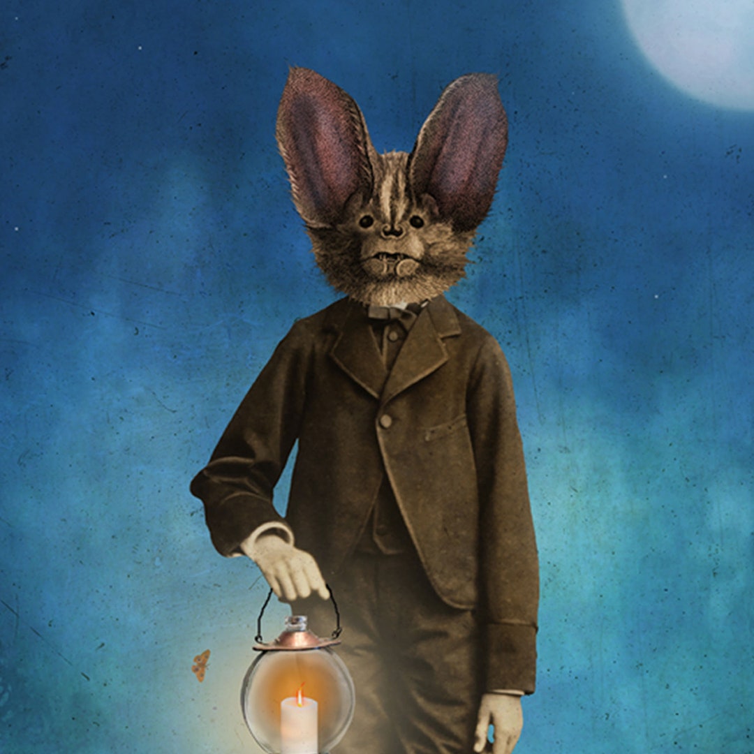 Bat Boy Portrait Print Digital Art Black Blue Surreal Home Decor Goth ...