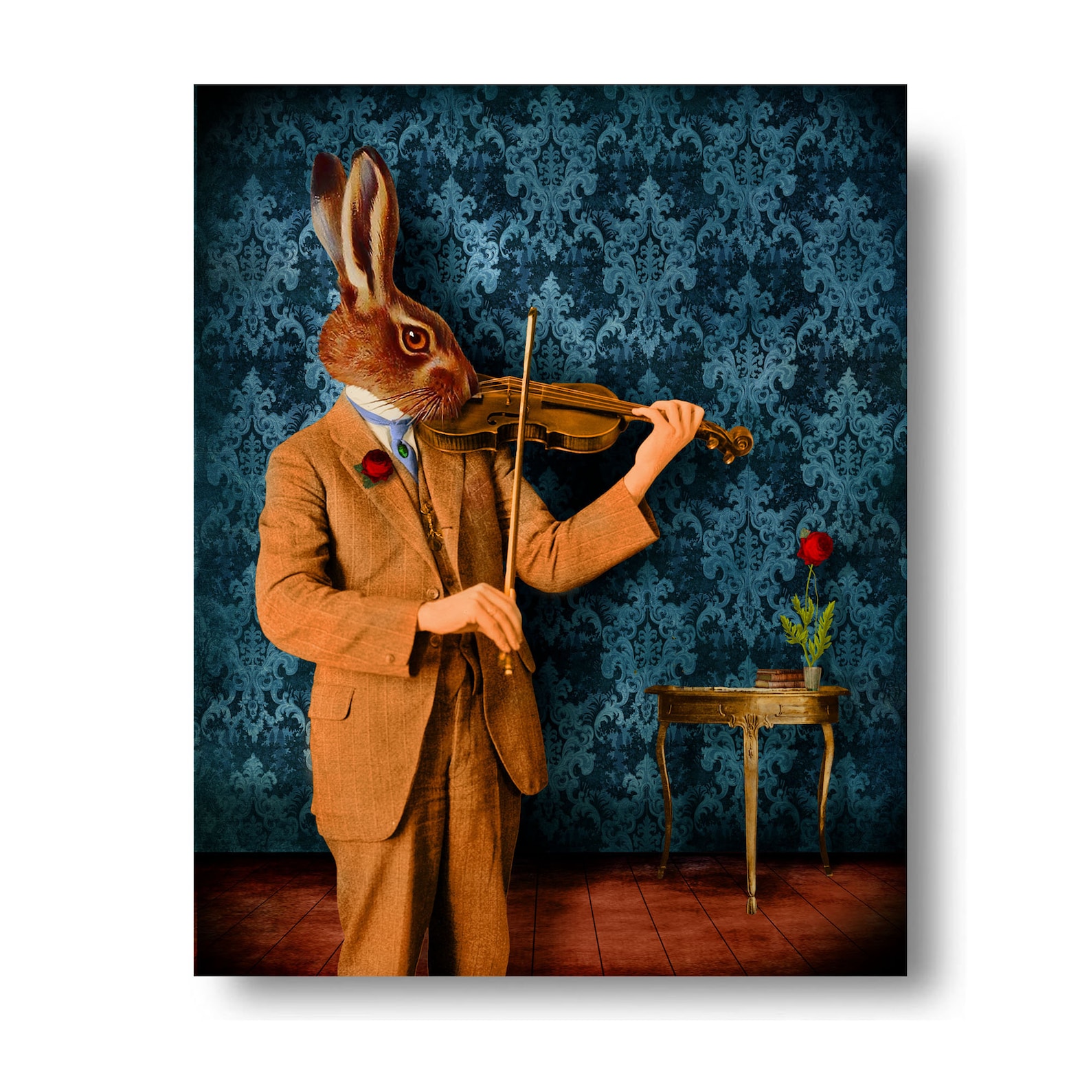Rabbit Violin Print Digital Art Blue Surreal Portrait Home | Etsy