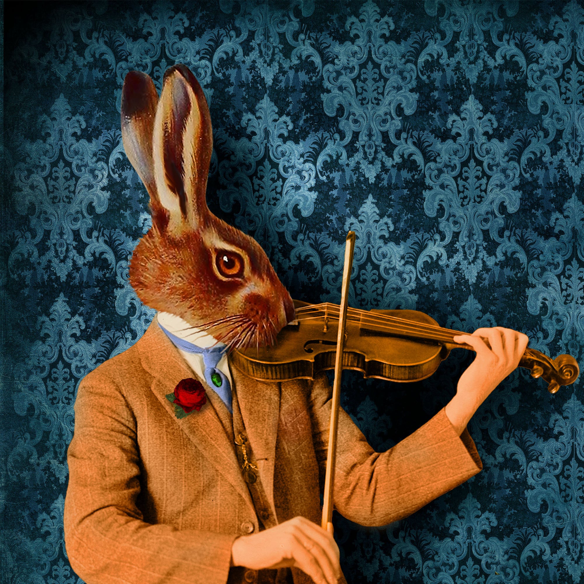 Rabbit Violin Print Digital Art Blue Surreal Portrait Home | Etsy