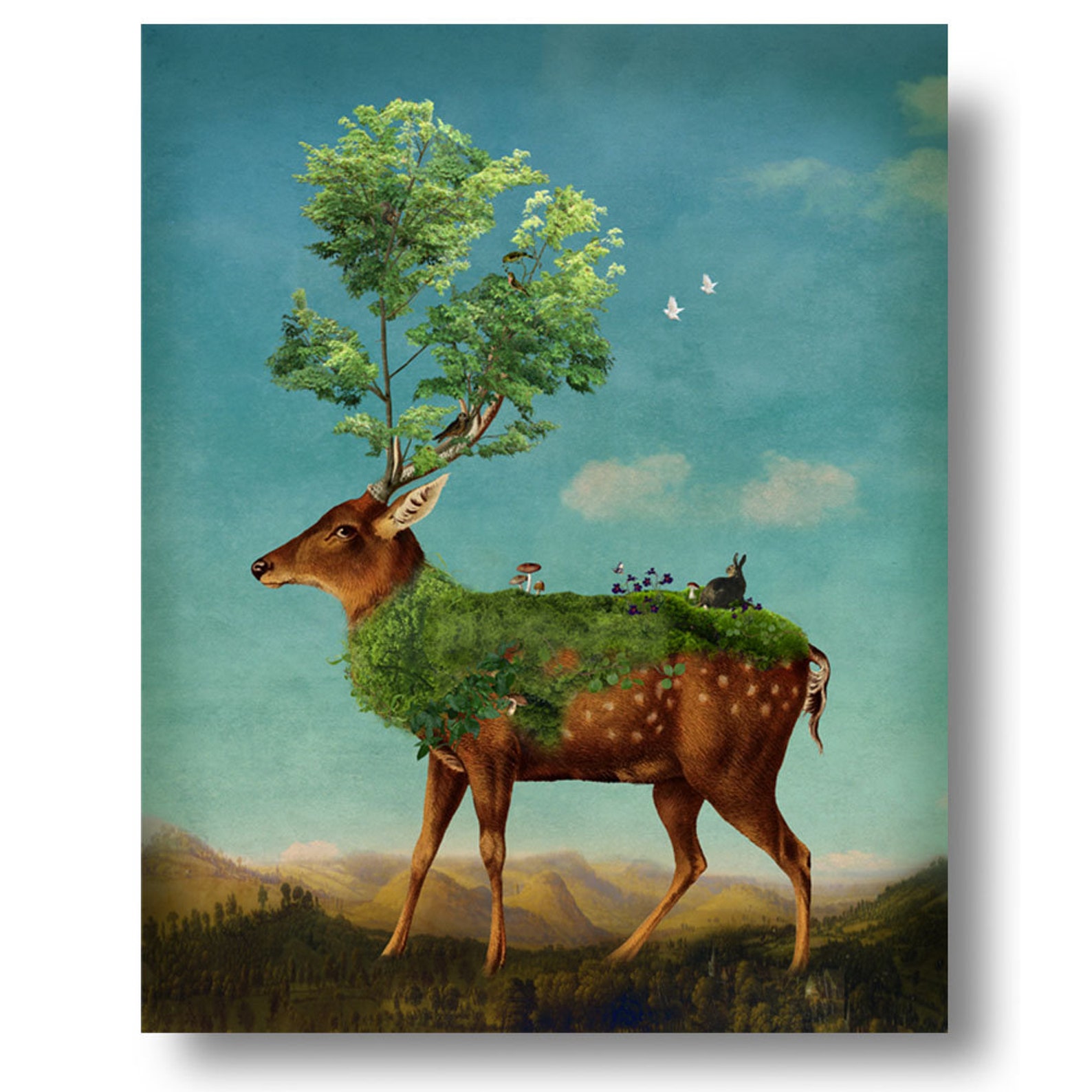 Deer Forest Woodland Portrait Green Art Print Surreal Stag - Etsy