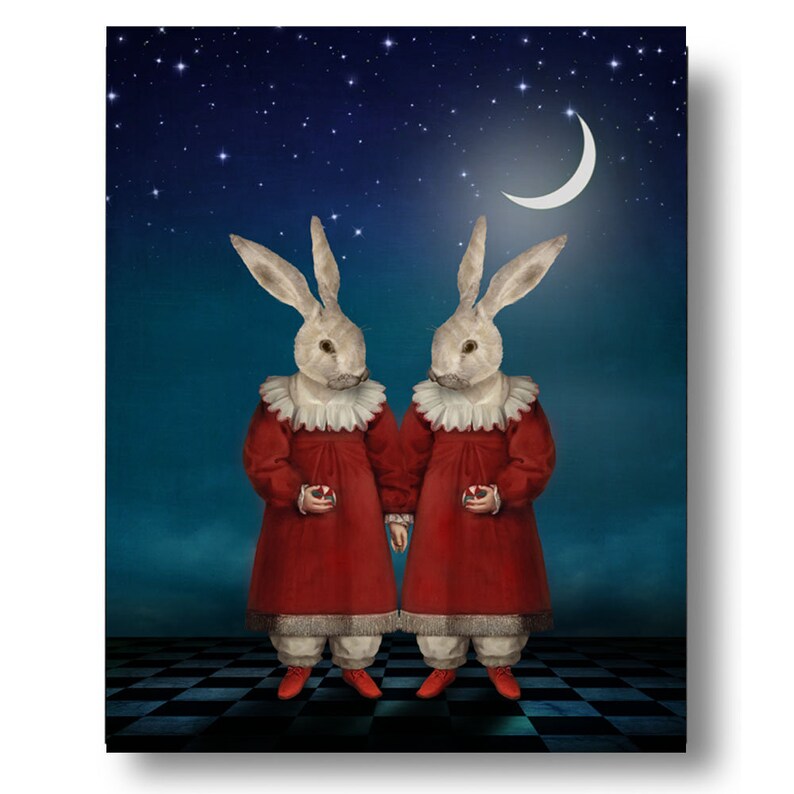 Twin White Rabbits Moon Portrait Print Digital Art Surreal - Etsy