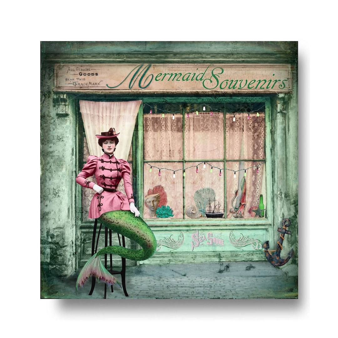 Mermaid Nautical Souvenir Shop Print Art Surreal Home Decor Green Pink ...