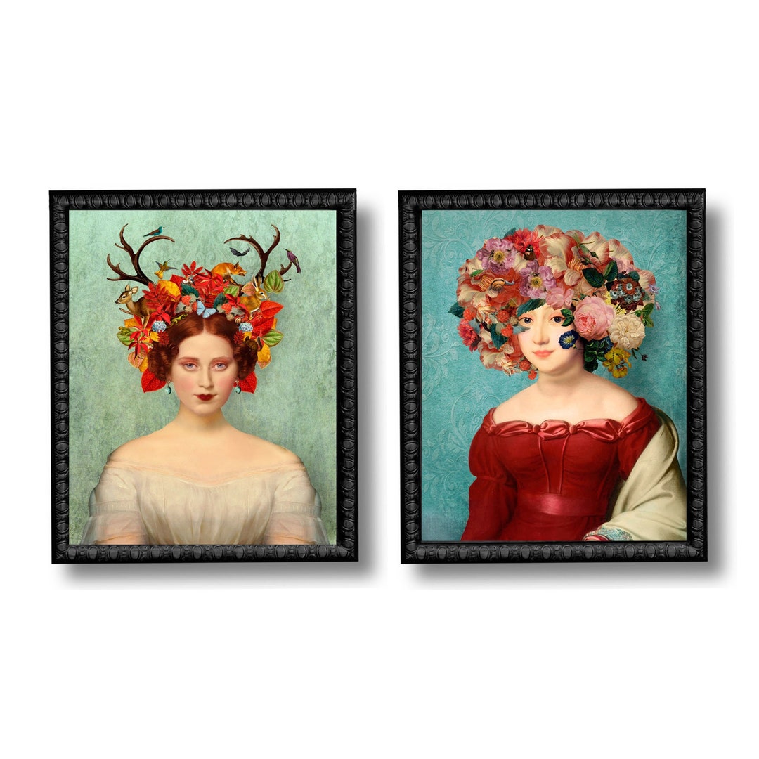 Flora and Fauna Print Set Flower Garden Portrait Red Blue Art Surreal ...