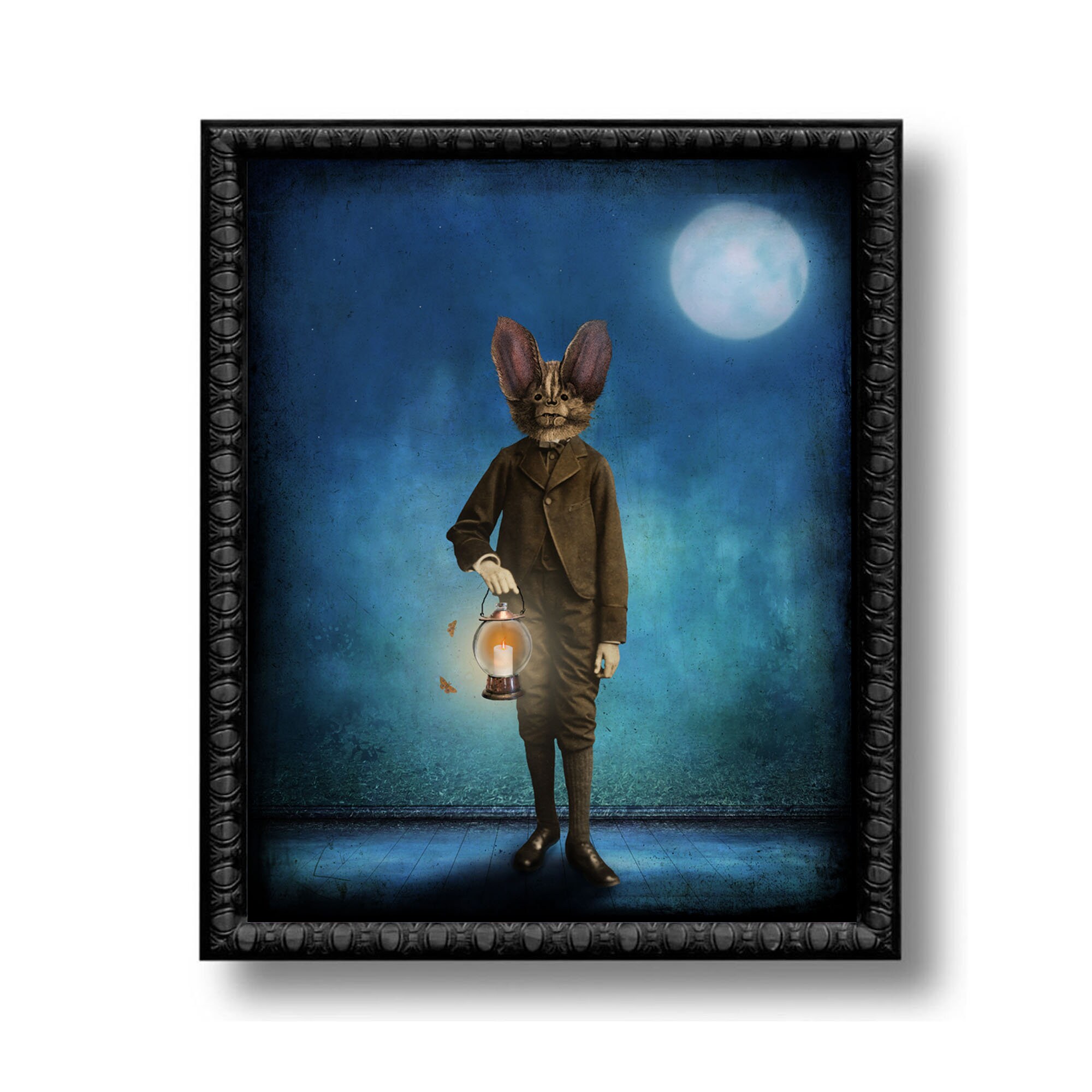 Bat Boy Portrait Print Digital Art Black Blue Surreal Home Decor Goth ...