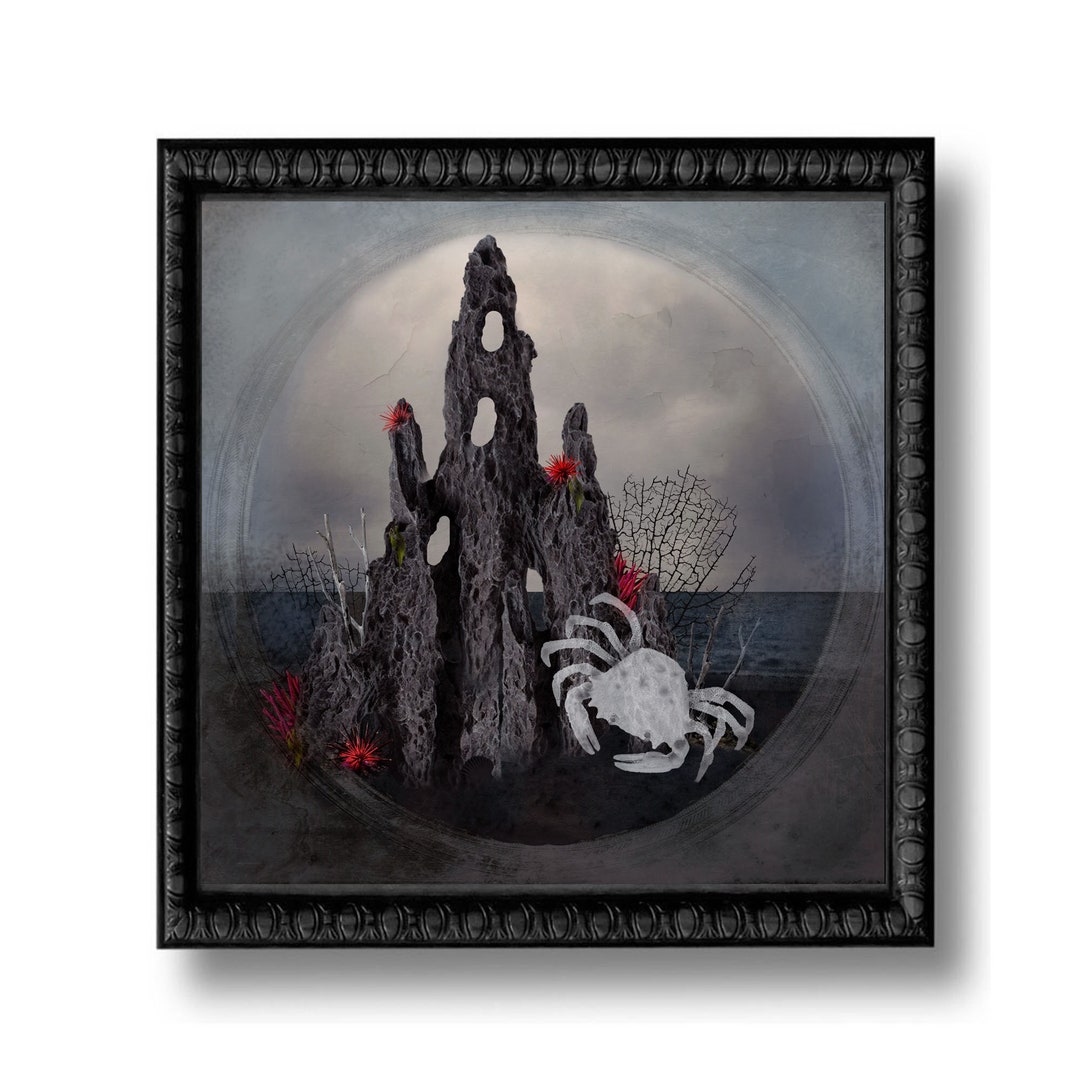 Haunted Sandcastle Ghost Crab Print Nautical Beach Ocean Surreal Gray ...