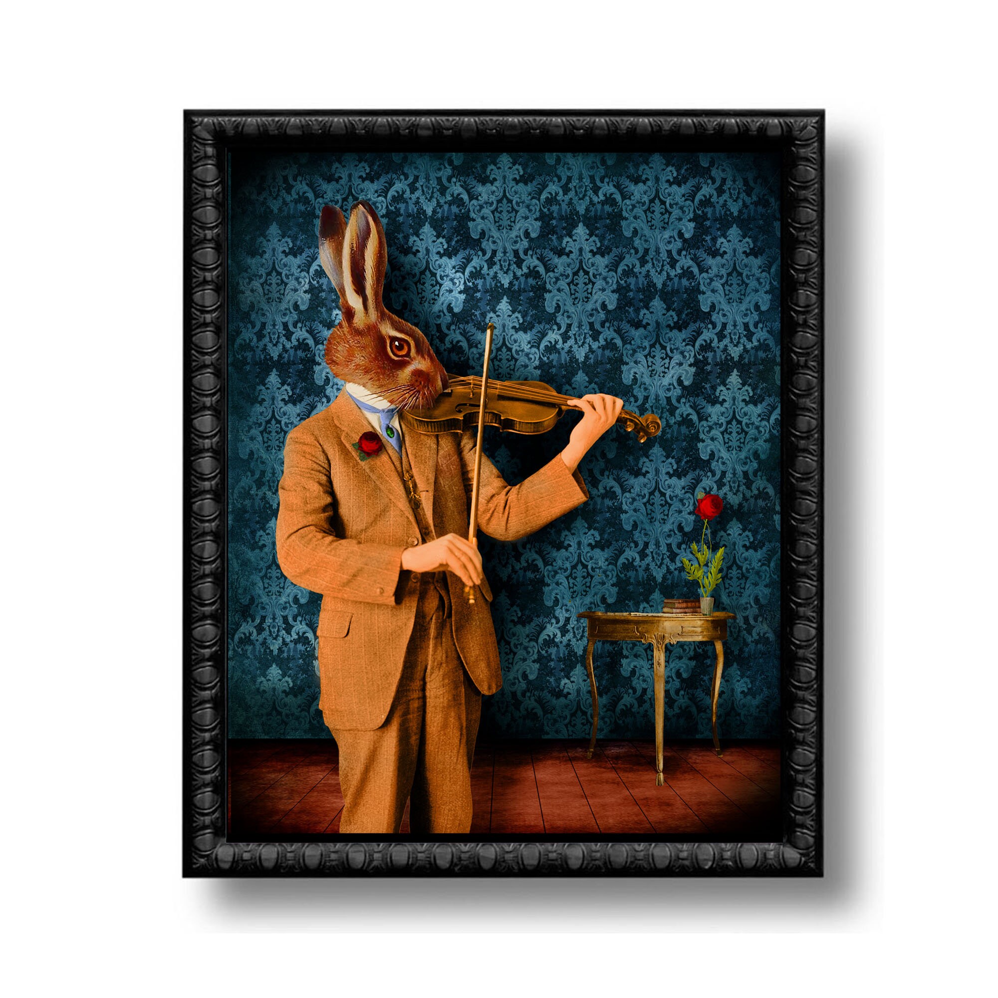 Rabbit Violin Print Digital Art Blue Surreal Portrait Home | Etsy