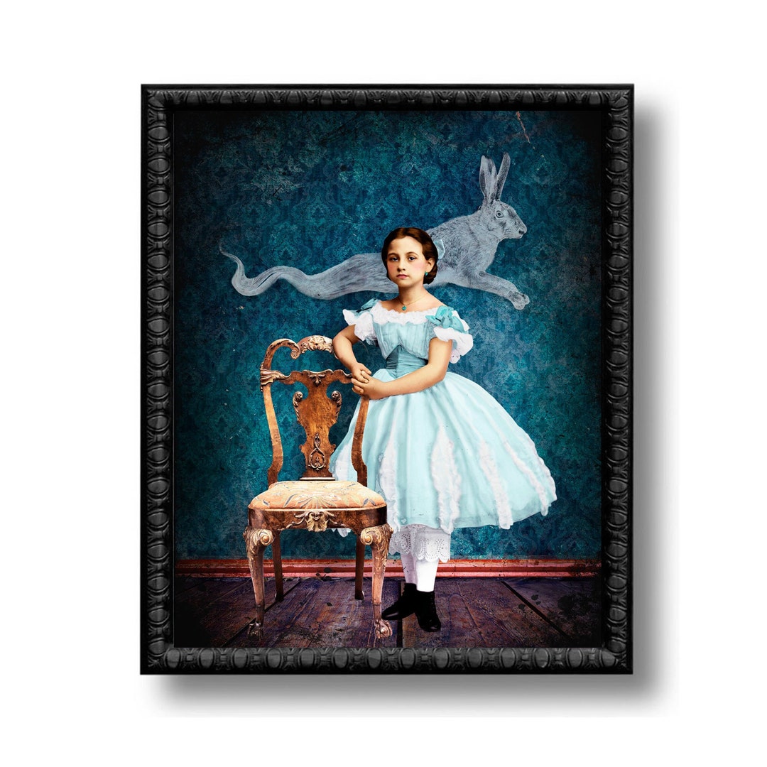 Ghost Rabbit Bunny Haunted House Print Art Portrait Blue Surreal Goth ...