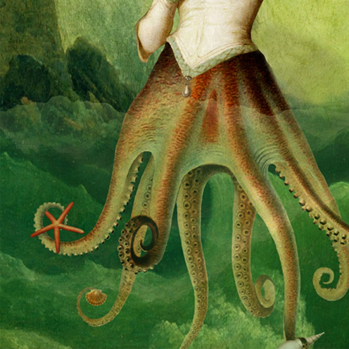 Octopus Siren Mermaid Nautical Portrait Green Print Digital | Etsy