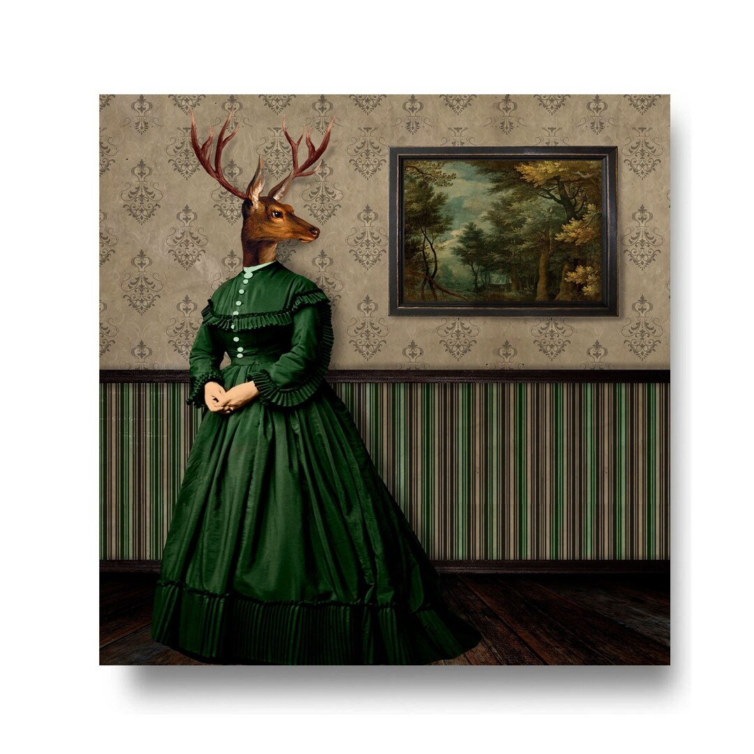 Deer Lady Portrait Print Art Surreal Home Decor Woodland Deer Stag ...