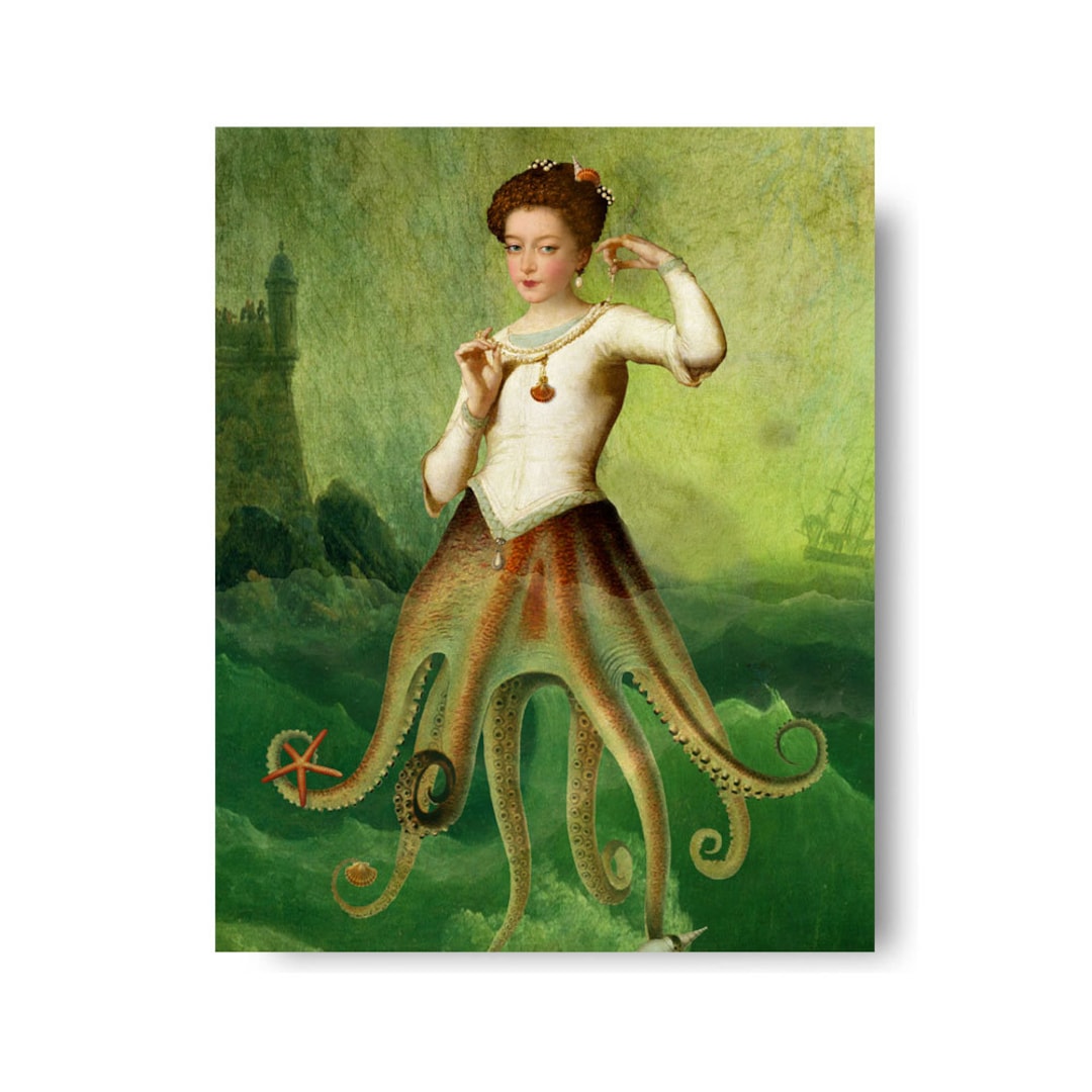 Octopus Siren Mermaid Nautical Portrait Green Print Art Surreal Home ...
