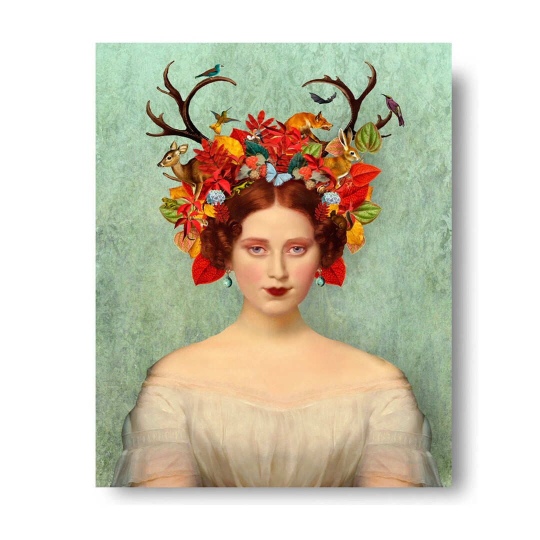 Fauna Antlers Flower Woodland Portrait Orange Blue Art Print Surreal ...