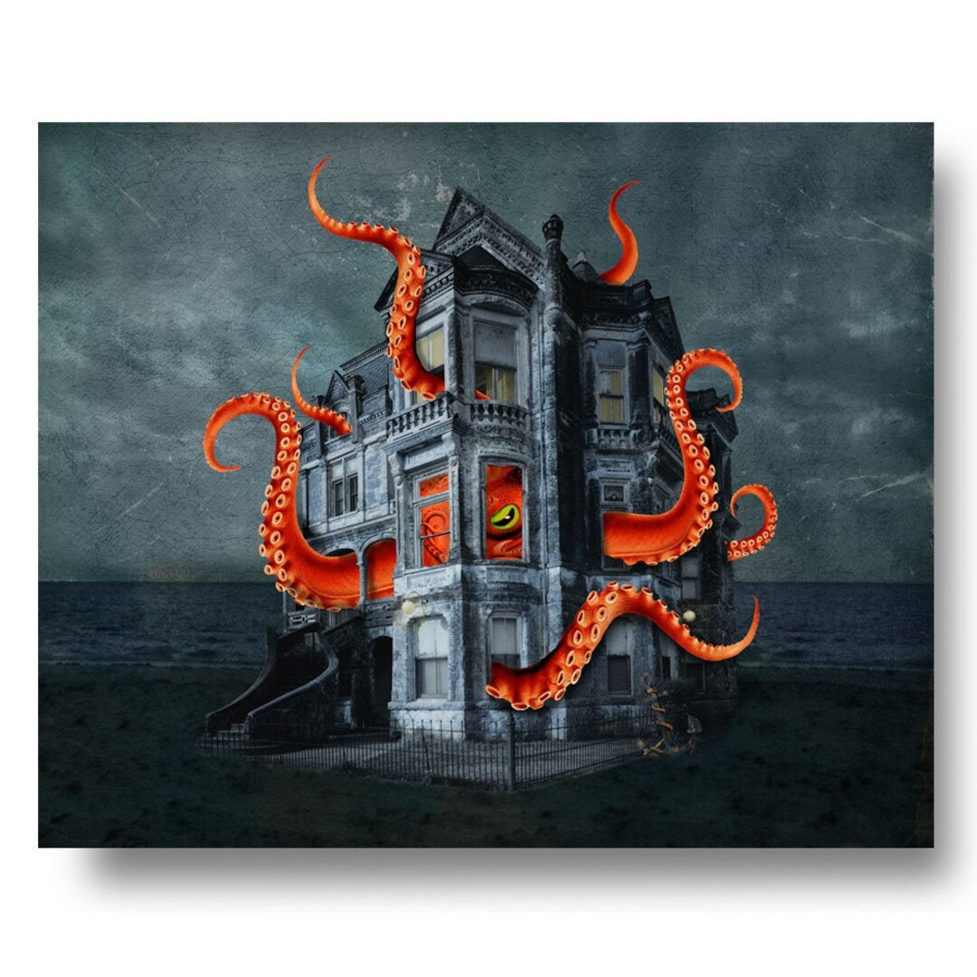 Octopus House Nautical Portrait Print Art Surreal Home Decor Beach ...