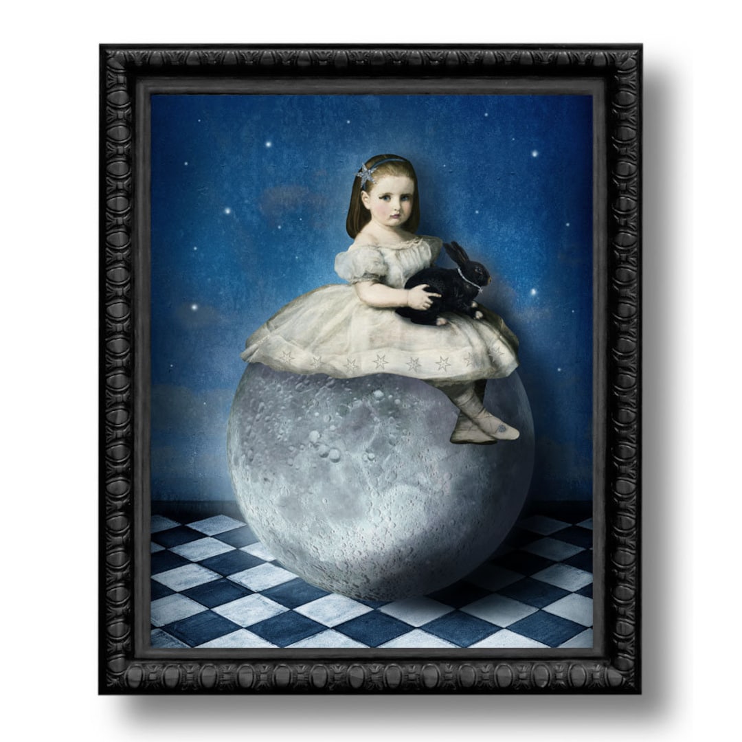 Moon Child Girl Rabbit Print Art Night Sky Blue Grey Surreal Home Decor ...