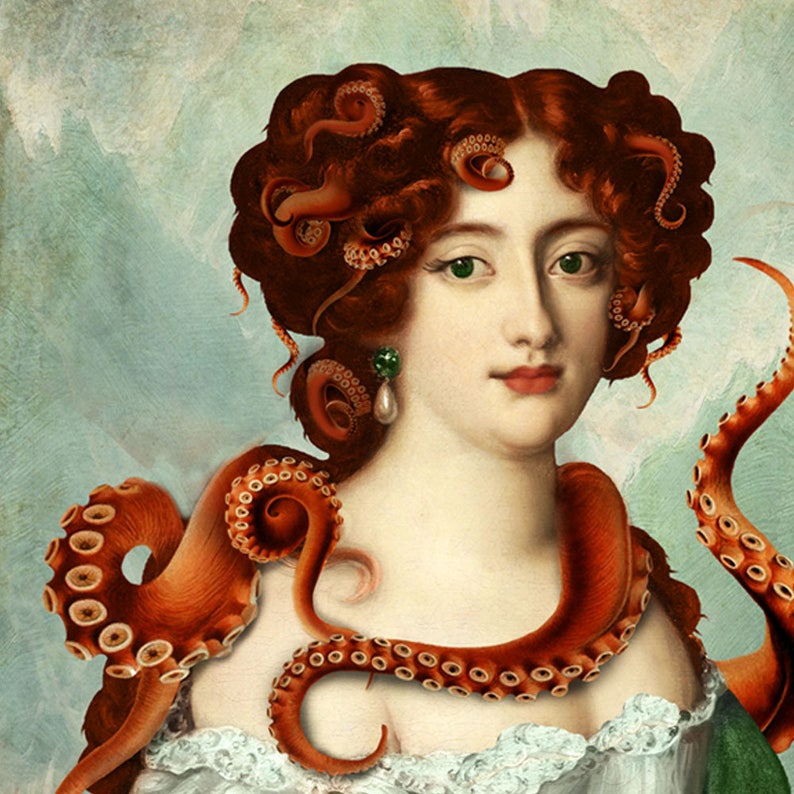 Octopus Squid Siren Mermaid Nautical Portrait Green Print | Etsy