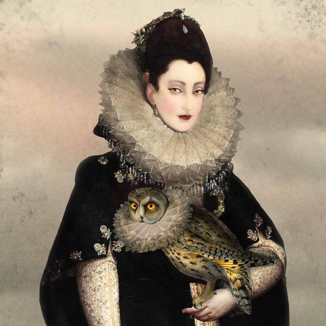 Owl Portrait Lady Elizabethan Collar Print Art Black Grey Surreal Home ...