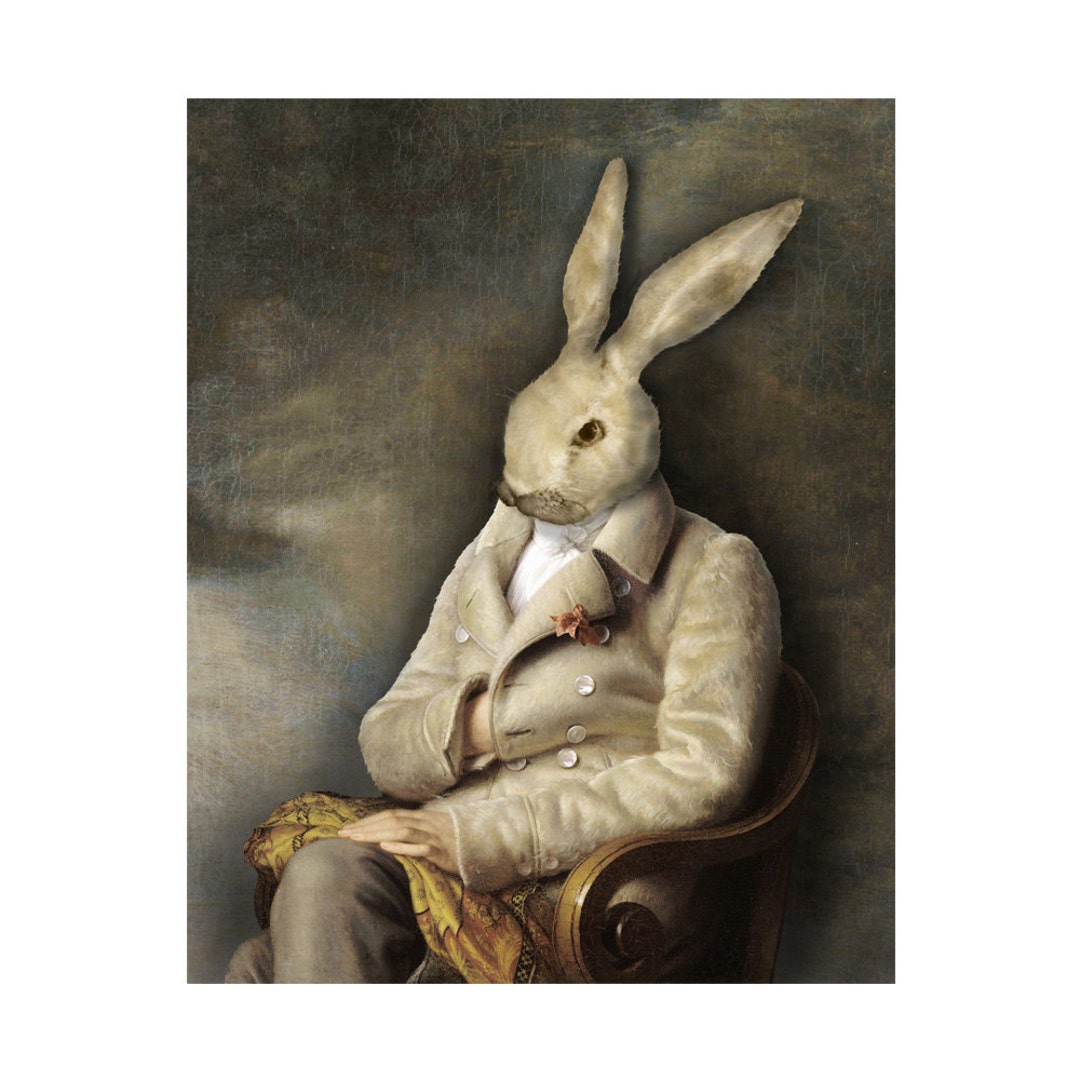 White Rabbit Portrait Print Art Surreal Home Decor Bunny Hare Grey Fur ...