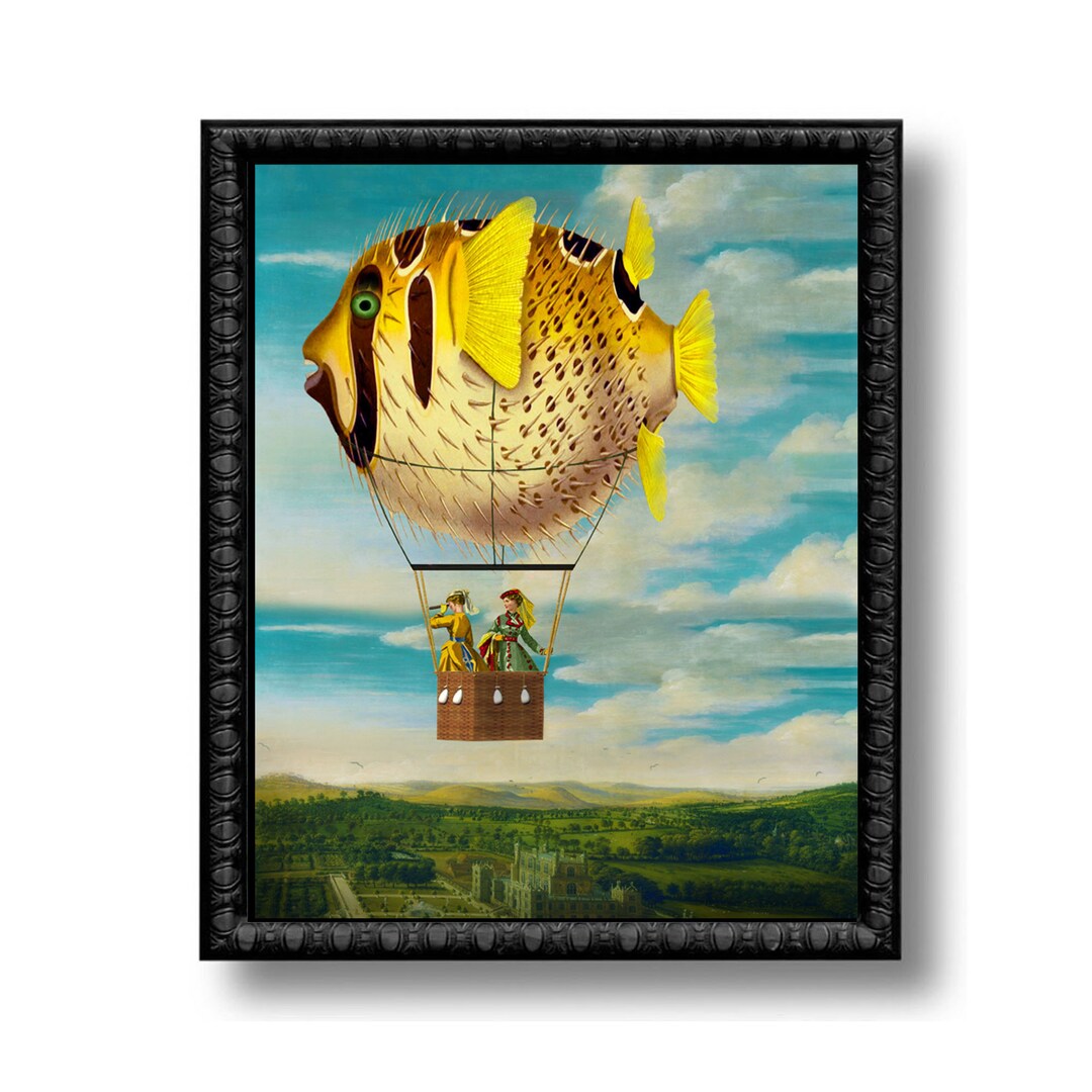 Hot Air Ballon Puffer Fish Print Art Surreal Home Decor Nautical Beach ...