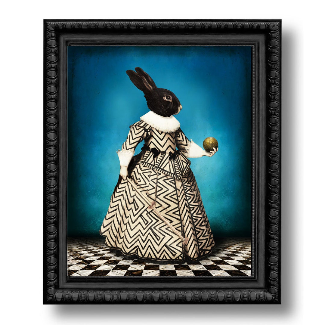 Rabbit Black and White Print Art Surreal Home Decor Bunny Hare Golden ...