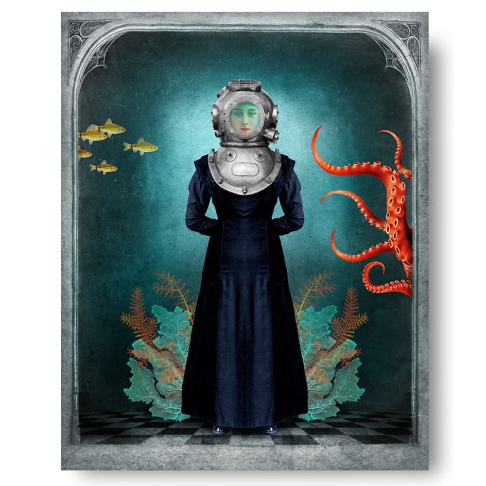 Deep Sea Diver Octopus Nautical Print Digital Art Surreal | Etsy