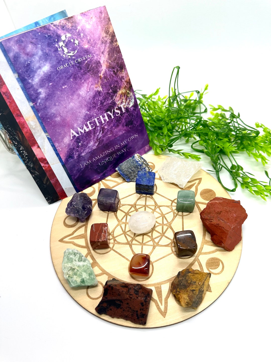 14-piece Crystal Collection Set With Wooden Crystal Grid 7 Tumbled ...