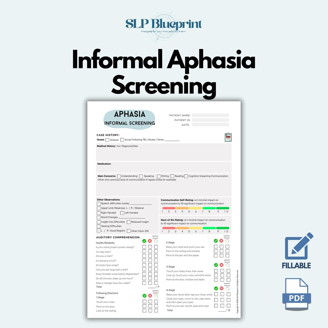 Informal Aphasia Screening | Printable and Fillable | Informal Language ...