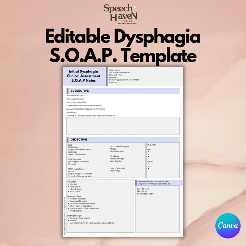 Editable Dysphagia SOAP Note Template for Speech and Language ...