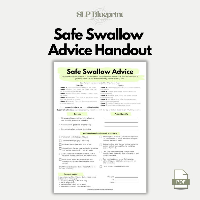 Safe Swallow Strategies Printable Handouts | Dysphagia Swallowing Safety Template | Printable ...