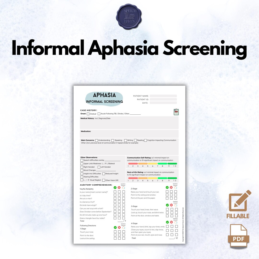 Informal Aphasia Screening | Printable and Fillable | Informal Language ...