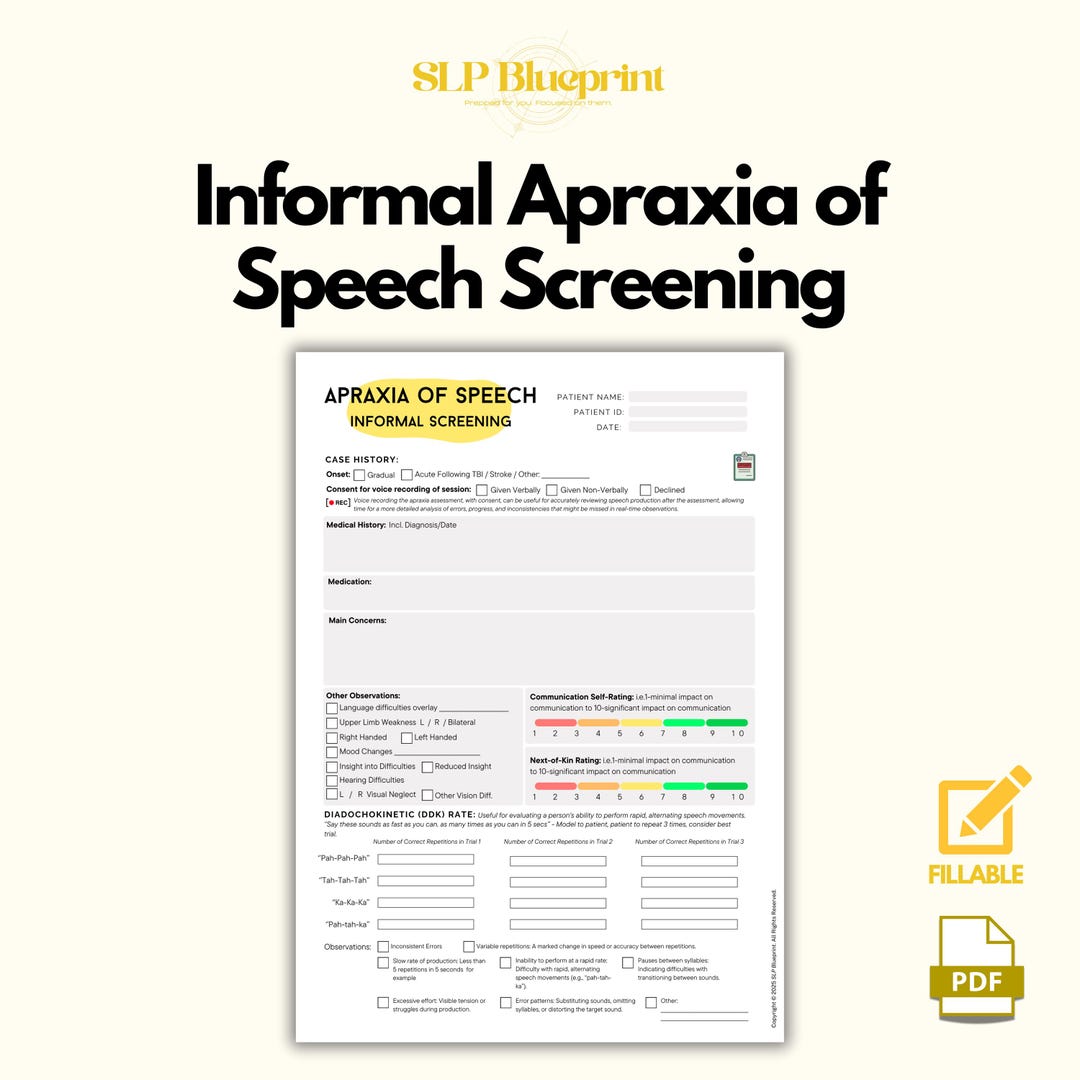 Apraxia of Speech Screening: Speech Pathology Assessment (fillable PDF ...