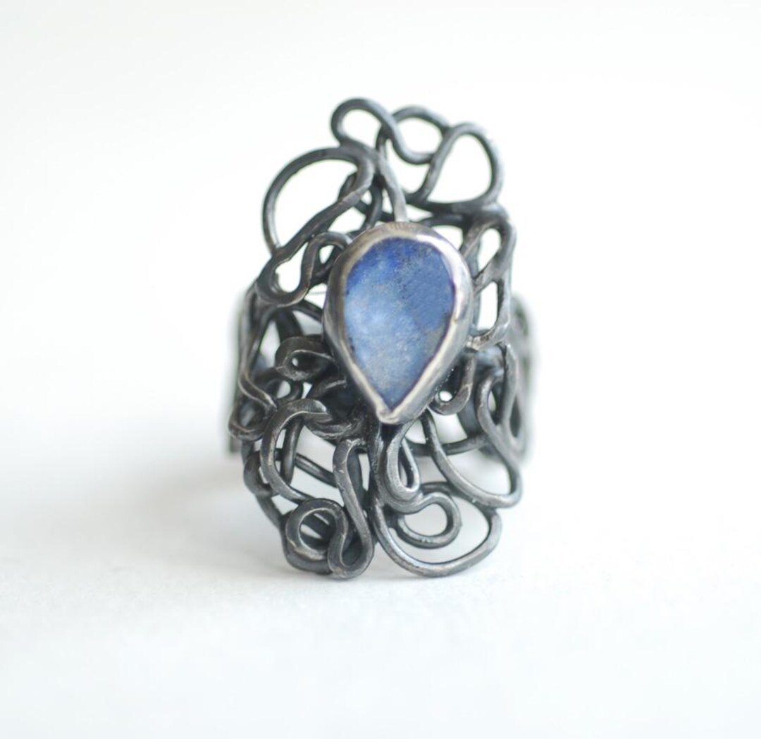 Dumortierite Sterling Silver Ring, Ornate Gothic Statement Ring, Size 7 ...