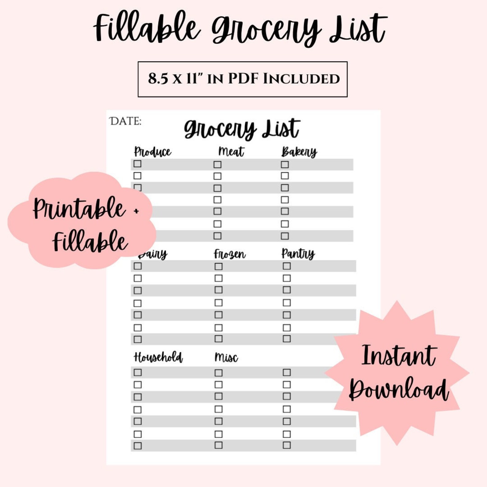 PDF Fillable and Printable Grocery List Template, Minimalist Grocery ...