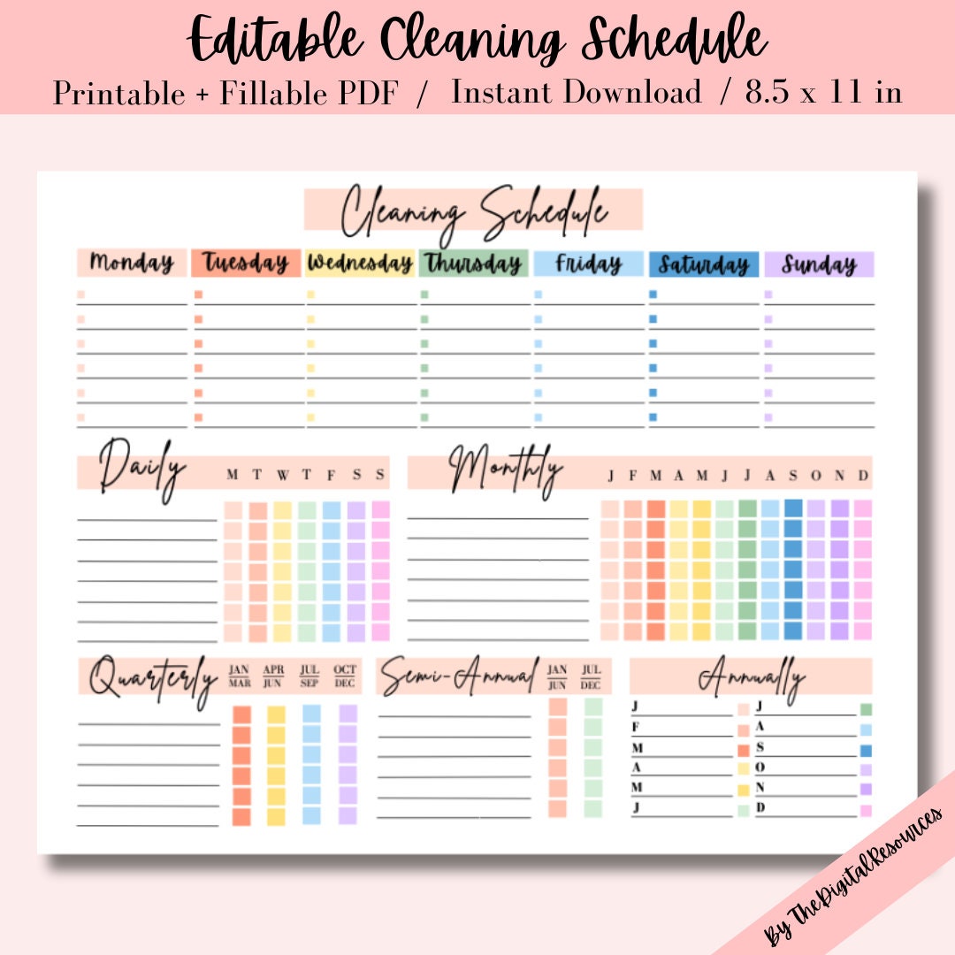 Editable Printable Cleaning Schedule PDF, Digital PDF Cleaning Schedule ...