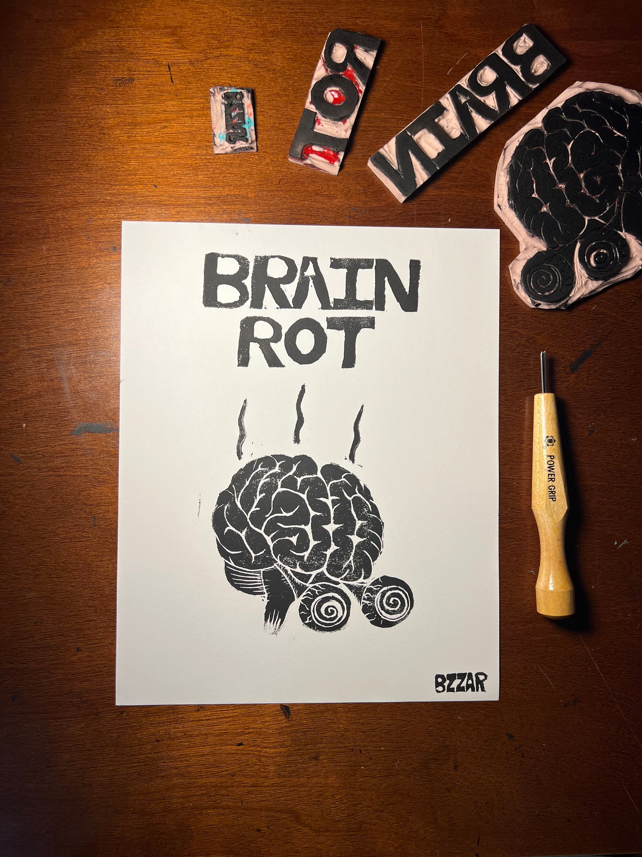 BRAIN Rot , Linocut Print, Lino Print, Block Print, Black and White ...