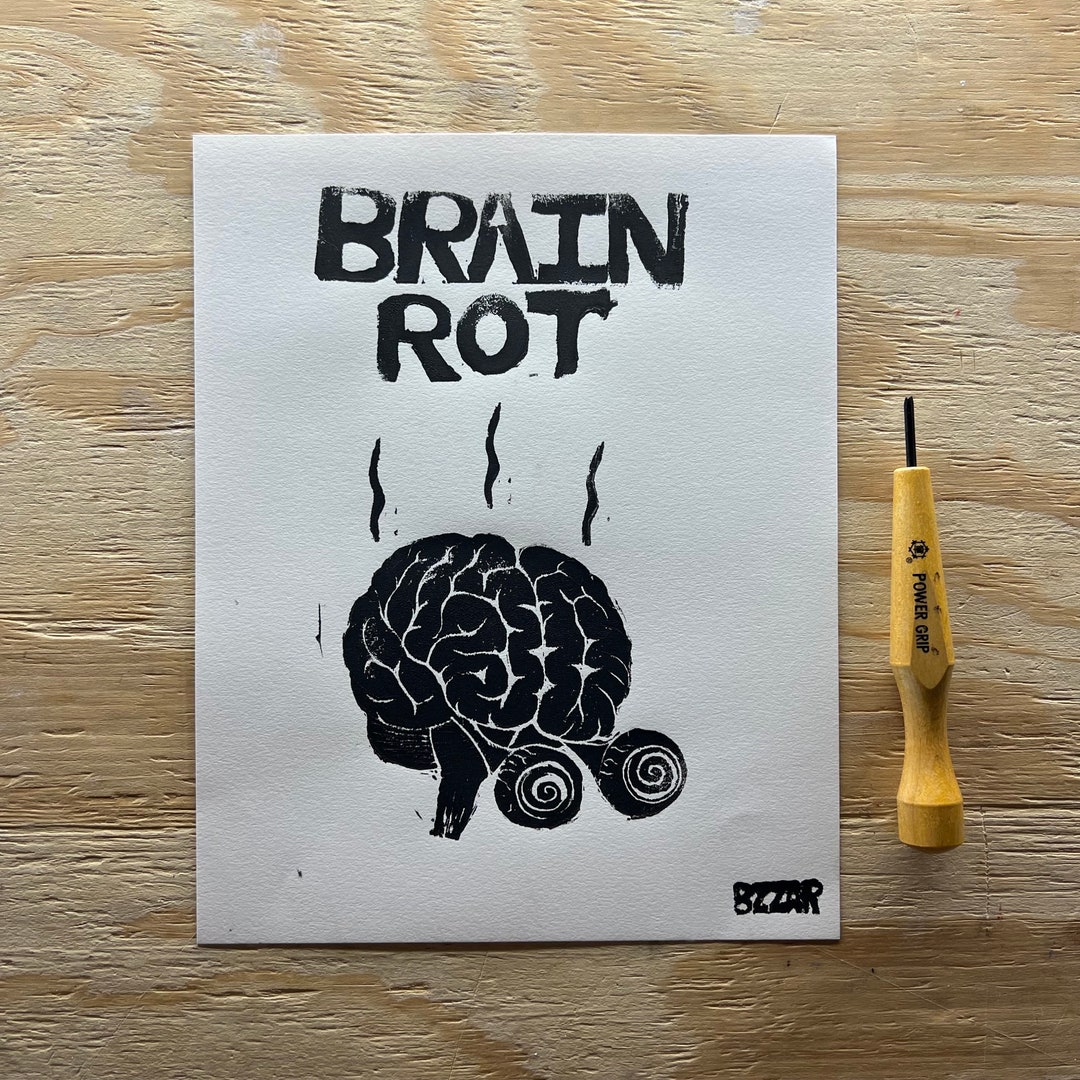 BRAIN Rot , Linocut Print, Lino Print, Block Print, Black and White ...