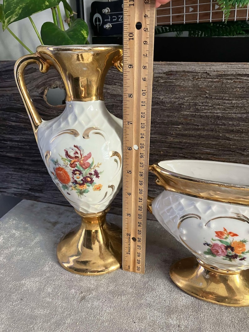 Pair of Hand Decorated Footed Vintage Vases. Floral Design and Gold ...