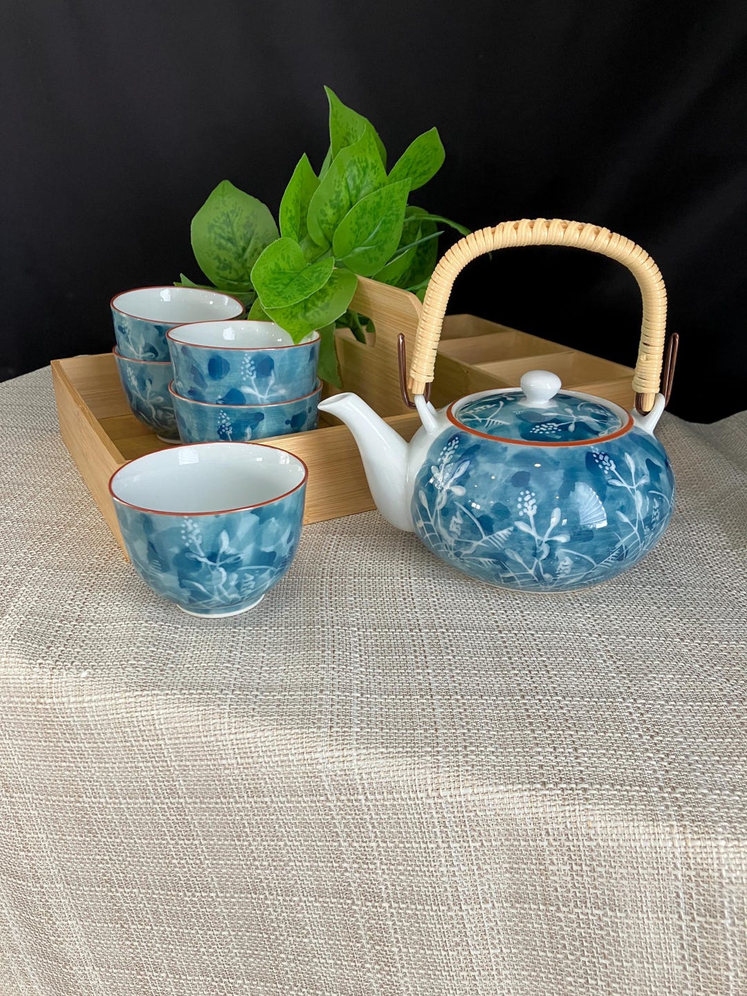 Floral Japanese Tea Set: Blue & White Teapot With 5 Cups - Etsy