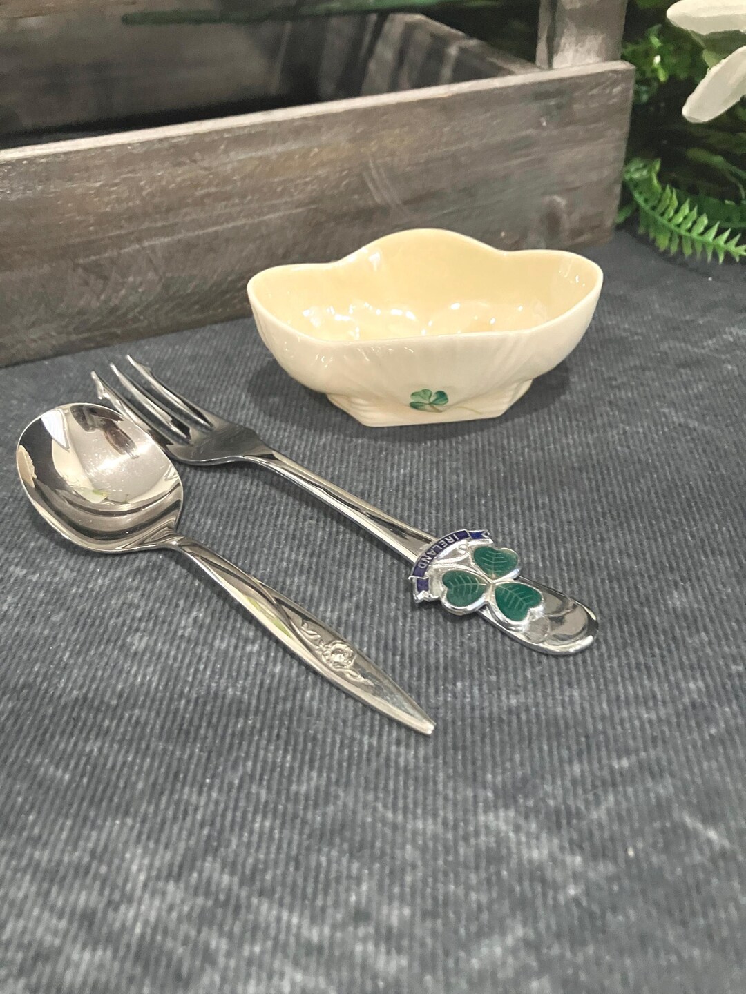 Antique Belleek Shamrock Salt Cellar With Collectible Fork & Spoon - Etsy