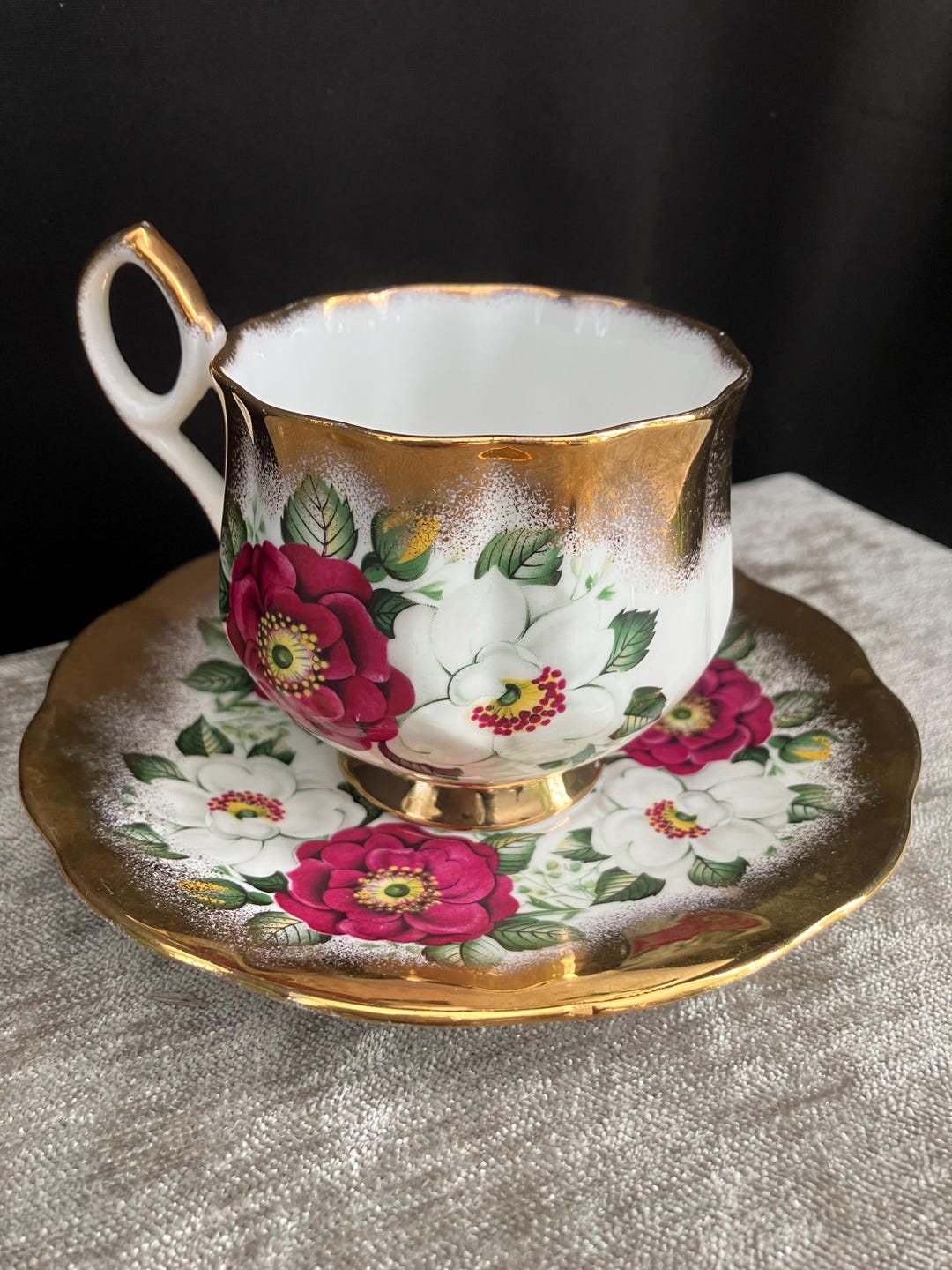 Vintage English Tea Set: Gold, Red, and White Roses Teacup - Etsy