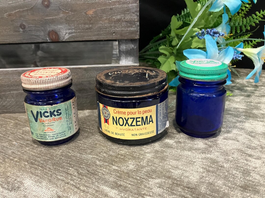 Three Vintage Glass Bottles. Cobalt Blue. Vicks and Noxema From Earlier ...