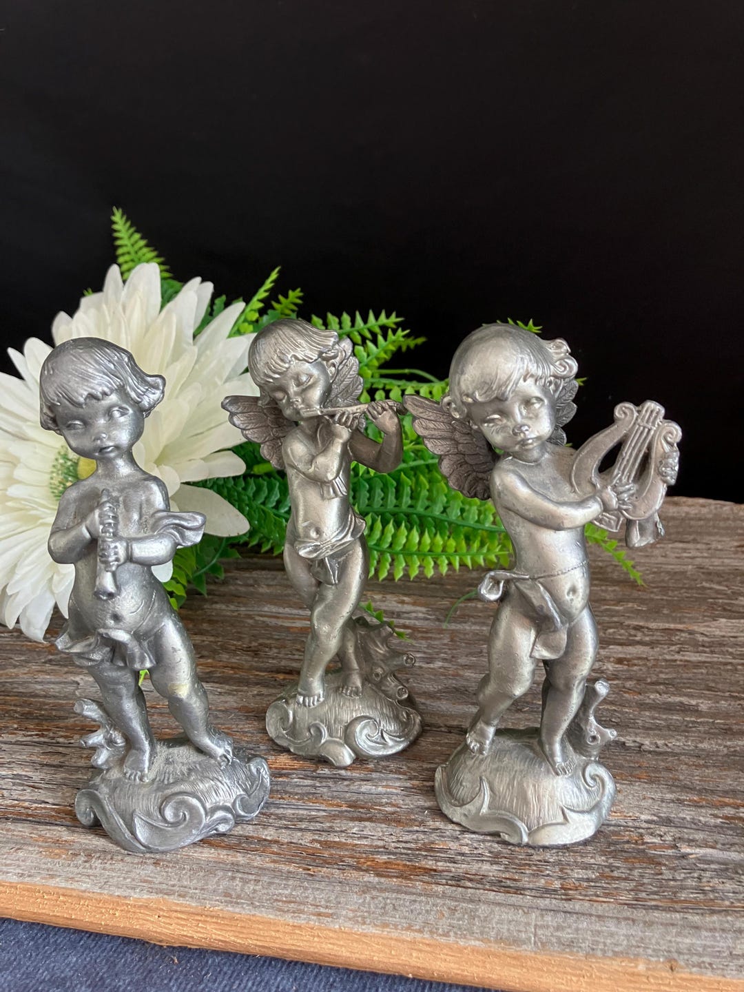 Set of THREE PEWTER CHERUB Angels Playing Musical Instruments. Vintage ...