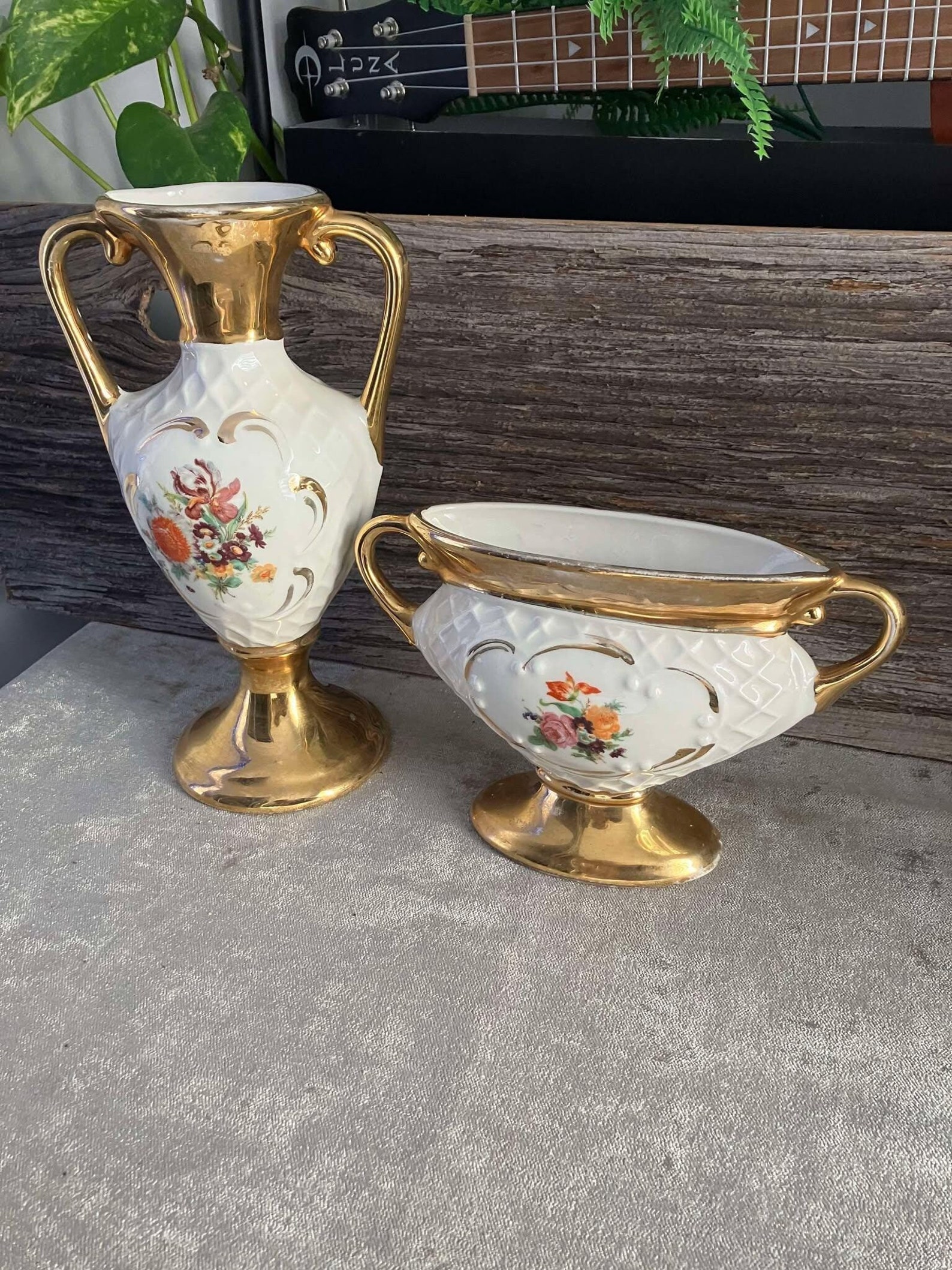 Pair of Hand Decorated Footed Vintage Vases. Floral Design and Gold ...