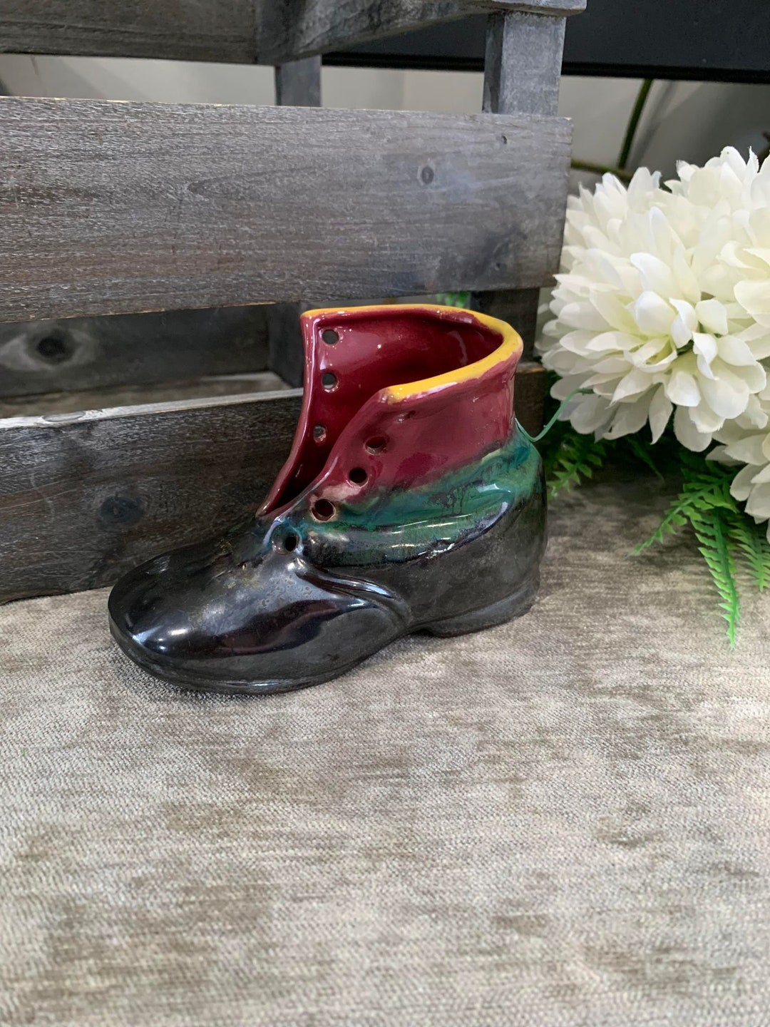 Vintage Boot Planter, Colors of Turquoise, Burgundy, Yellow and Black ...
