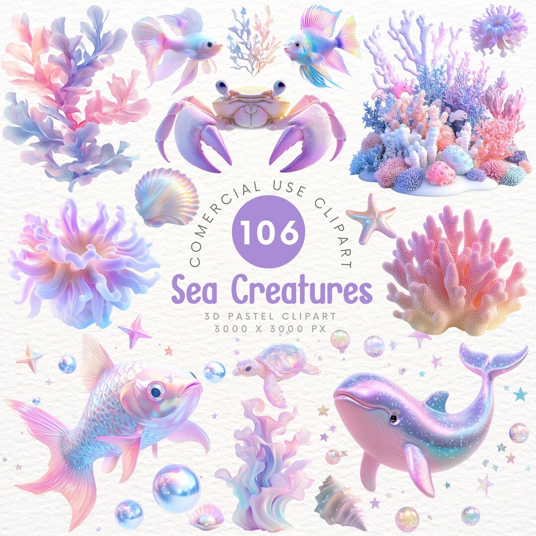 3D Pastel Sea Creatures Clipart - Cute and Whimsical Ocean Animals ...