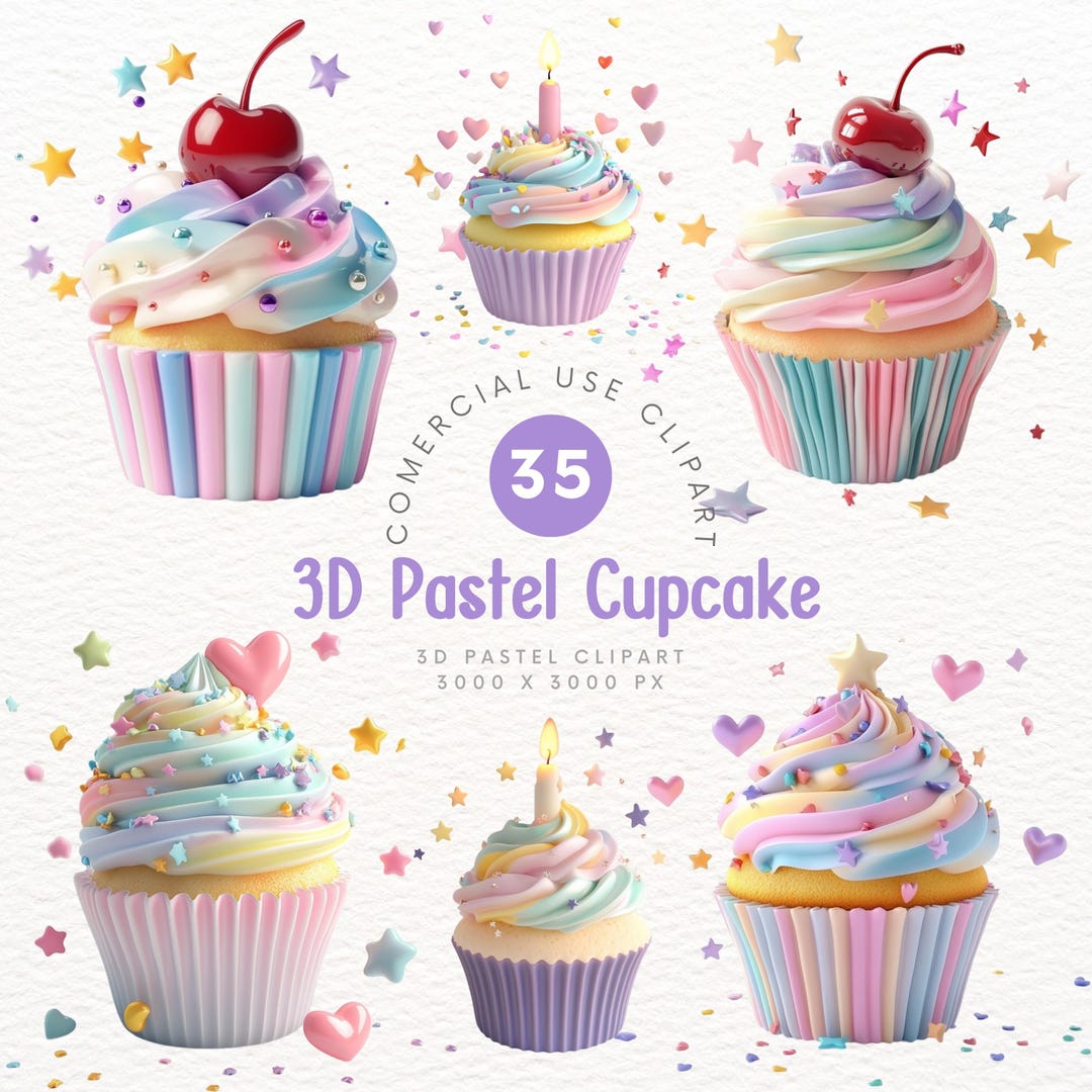3D Pastel Cupcake Clipart Cute and Whimsical Dessert With Cherry ...