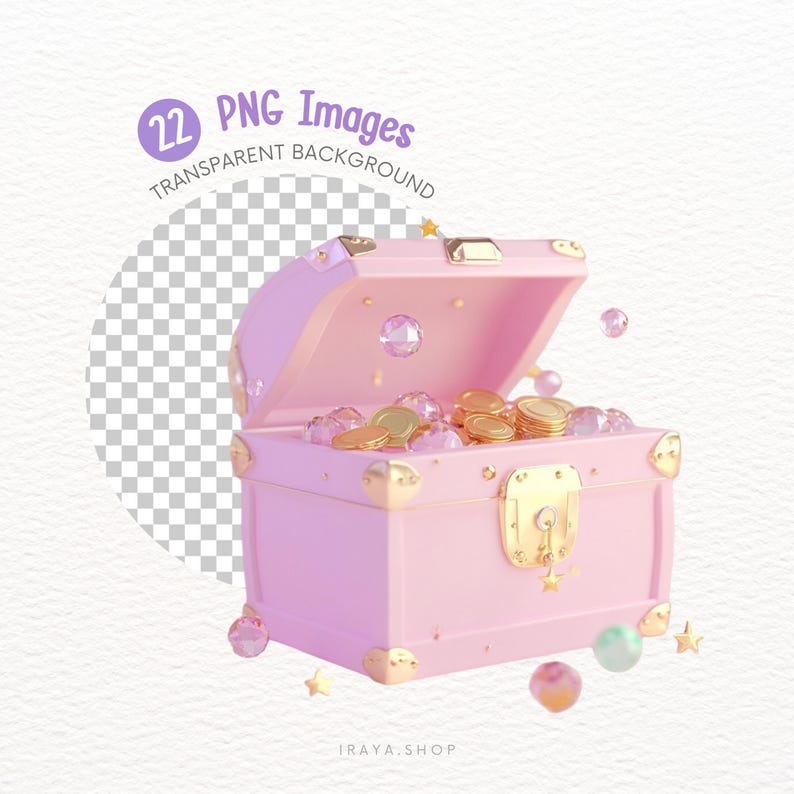 Magical 3D Pastel Treasure Chest Clipart – Kawaii Gems and Coins ...