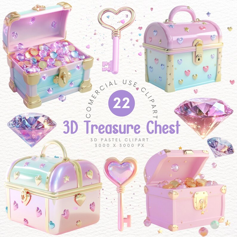 Magical 3D Pastel Treasure Chest Clipart – Kawaii Gems and Coins ...