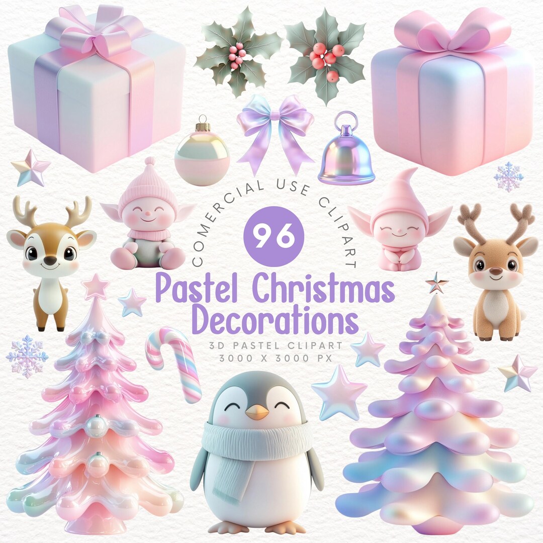 3D Pastel Christmas Decorations Clipart – Cute and Whimsical Holiday ...